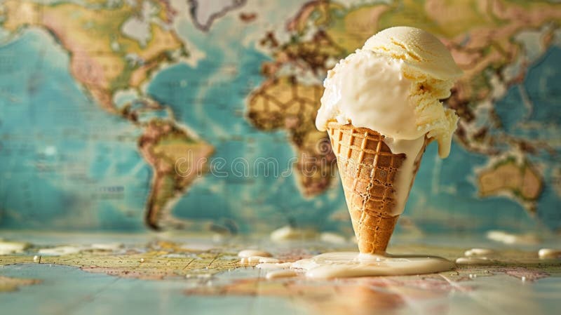 Melting Ice Cream Cone on a World Map, Symbolizing Children& X27;s ...
