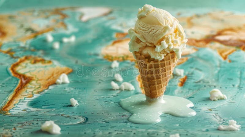 Melting Ice Cream Cone on a World Map, Illustrating the Fragility of ...