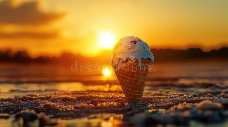 Melting Ice Cream Cone on Sandy Beach at Sunset Stock Photo - Image of ...