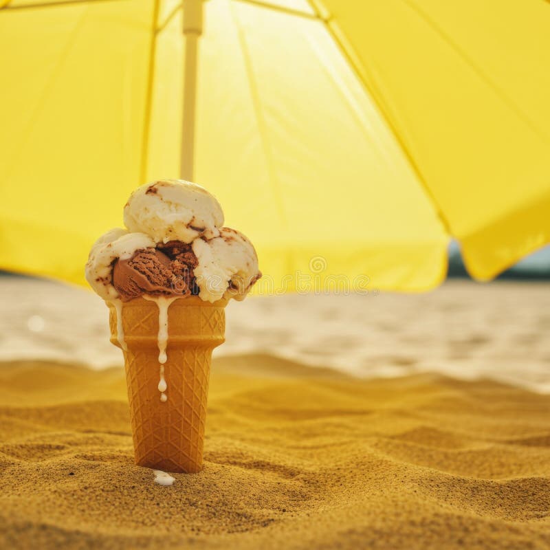 Melting Ice Cream Cone on Sandy Beach Under Yellow Umbrella Stock ...