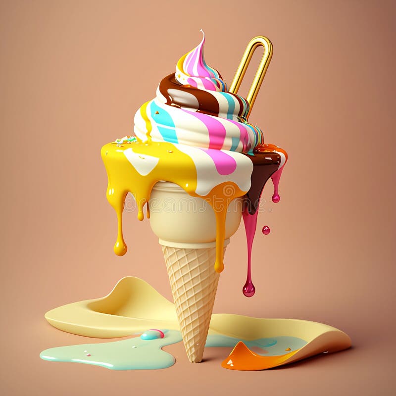 Melting Ice Cream Cone With Sweet Topping Isolated On A Clean