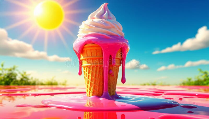 Melting Ice Cream Cone Under the Bright Sun with Colorful Drips Stock ...