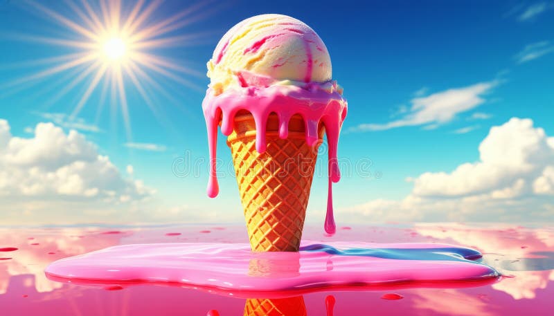 Melting Ice Cream Cone Under the Sun with Colorful Drips Stock Image ...