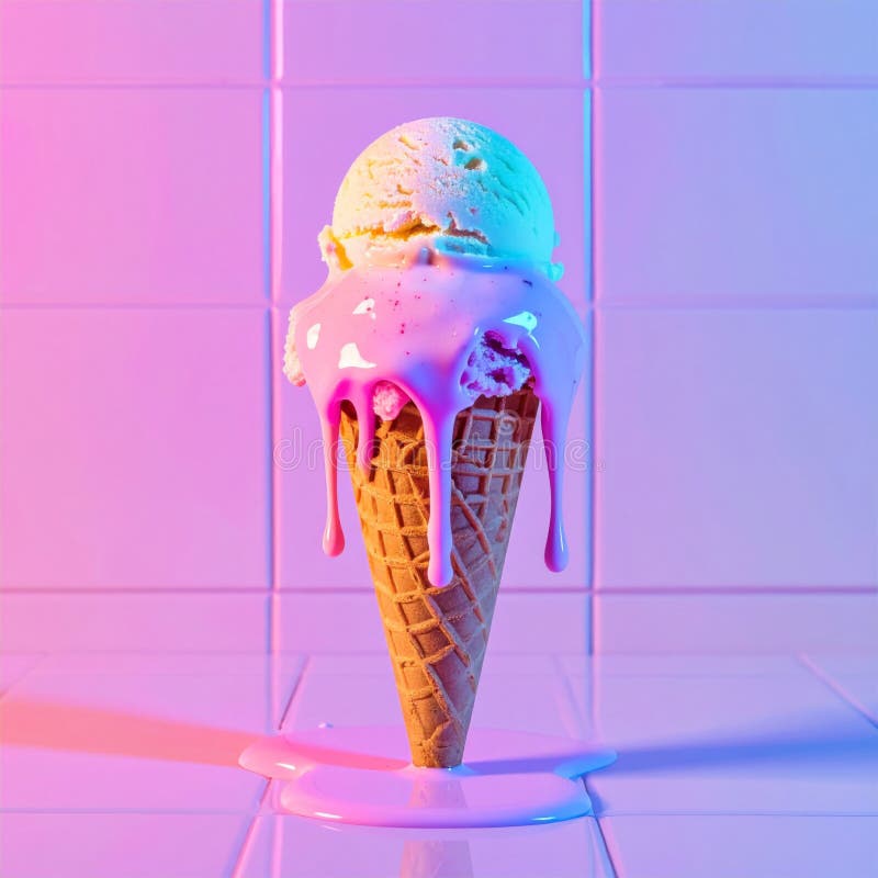 Melting Ice Cream Cone on White Tiles with Neon Pink and Blue Lighting Stock Illustration ...