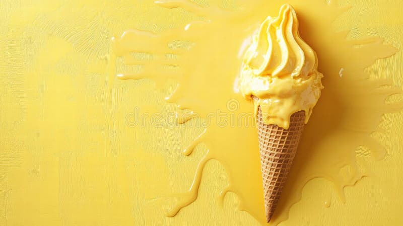 Melting Ice Cream Cone on Yellow Background Stock Image - Image of ...