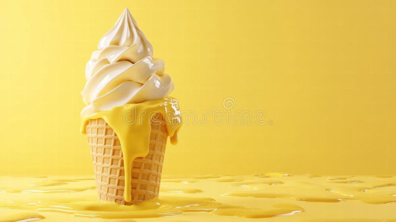 Melting Ice Cream Cone on Yellow Background Stock Photo - Image of ...