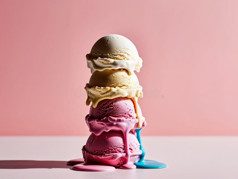 Melting Ice Cream Scoops Stack on Pink Background. Stock Image - Image ...