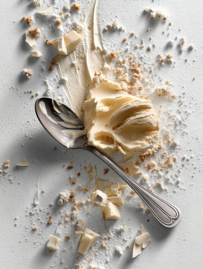 Melting Ice Cream with Spoon and Crumbs Creates a Messy yet Delightful ...