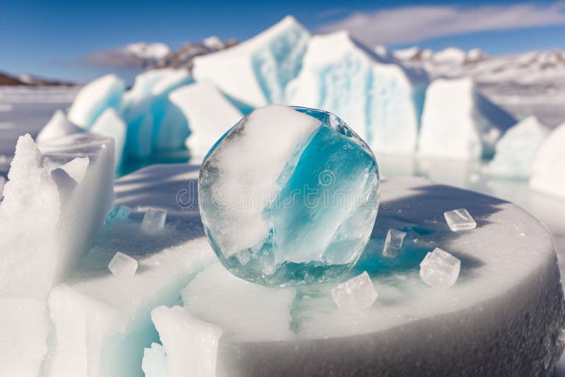A Melting Ice Cube Birthing a Miniature Glacial Scene Stock ...