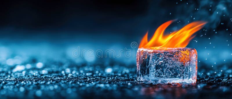 Melting Ice Cube with Flames in a Dark Environment Stock Illustration ...