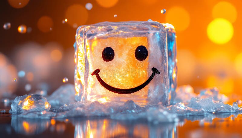 Melting Ice Cube with a Happy Face Under Warm Orange Light Creating a ...