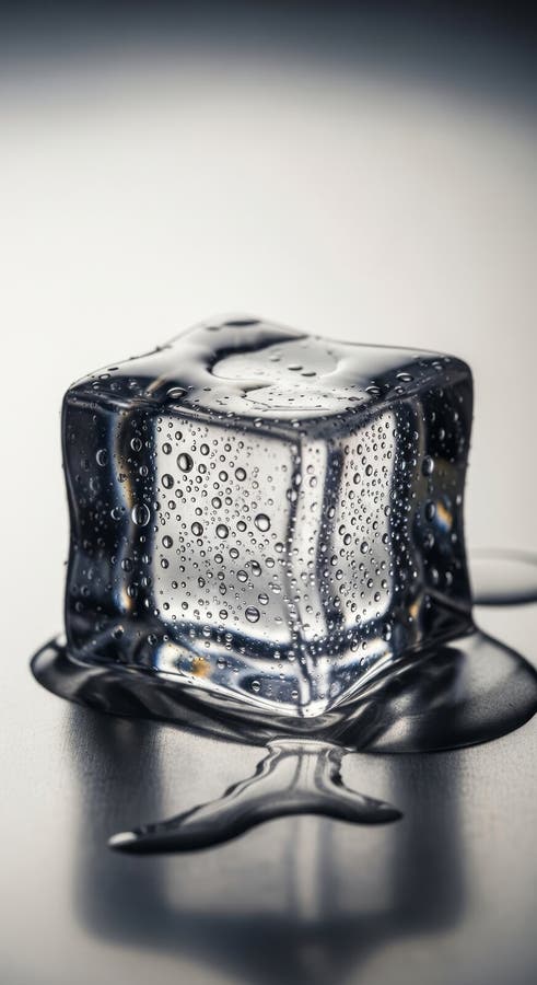 Melting Ice Cube with Water Droplets Reflecting on a Smooth Surface ...
