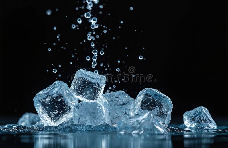 Melting Ice Cubes with Water Drops Against Black Backdrop. Clear Ice Cubes, Water Droplets ...