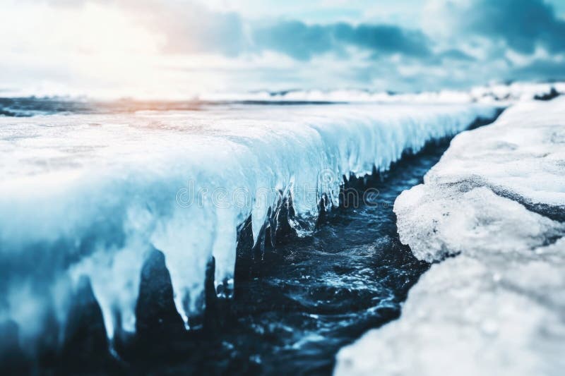 Melting Ice Formations on Shoreline during Winter Stock Image - Image ...