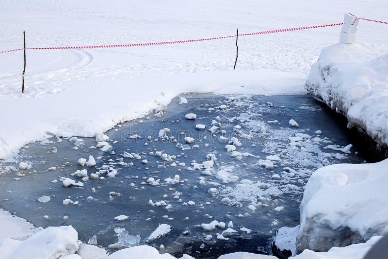Melting of Ice on the Reservoir. Thin Ice Warning Sign Stock Image ...