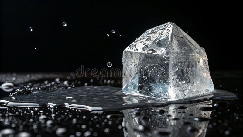 Melting Ice Sculpture Leaking Water Beneath Crystal Reflection in Dark ...
