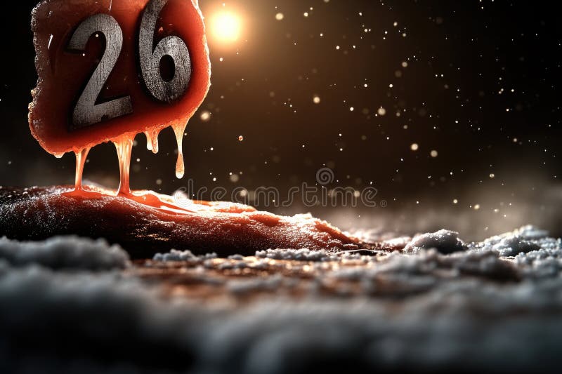 Melting Ice Sculpture with Number 26 Amidst Snowflakes and Warm Light ...