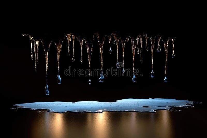 Melting Ice Stalactites Dripping into Pool in Dark Cave Stock Image ...