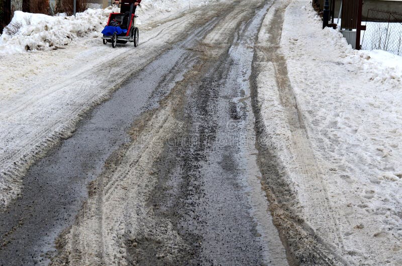 Melting Layer of Snow on Road Creates Deep Ruts through Which the Stock ...
