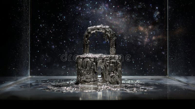 Melting Metal Padlock Inside Glass Box with Starry Night Background ...