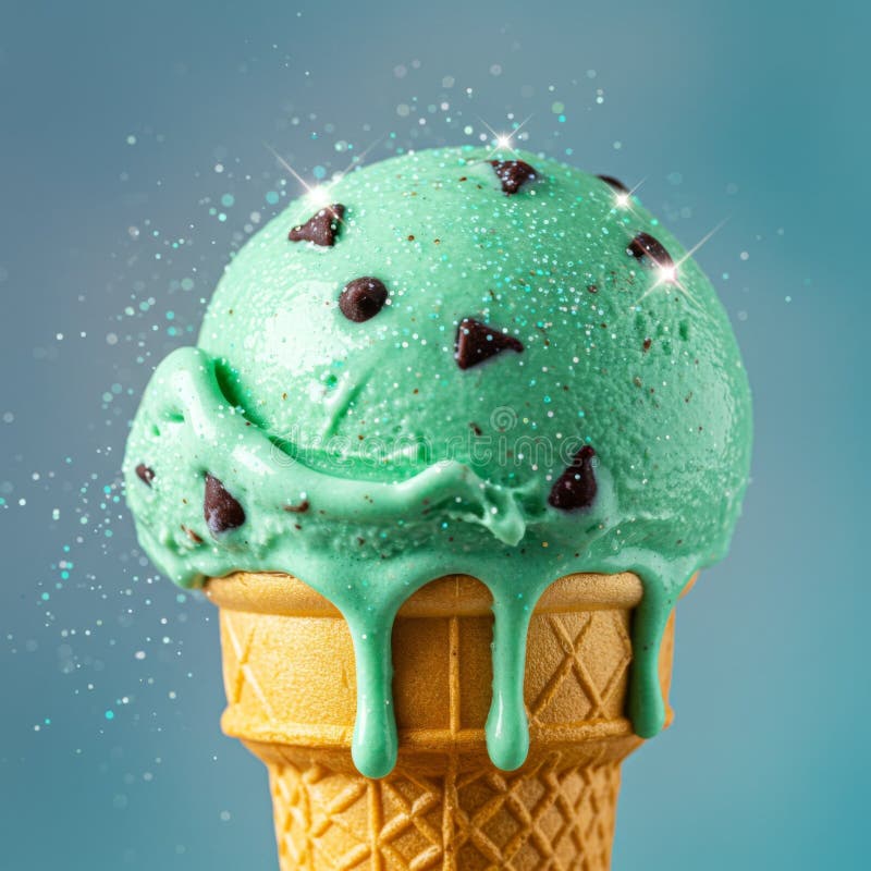 Melting Mint Chocolate Chip Ice Cream Cone Stock Illustration ...