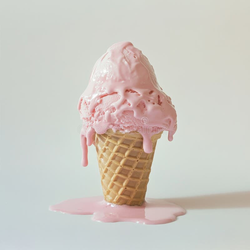 Melting Pink Ice Cream Cone on Light Background with Dripping Scoops ...