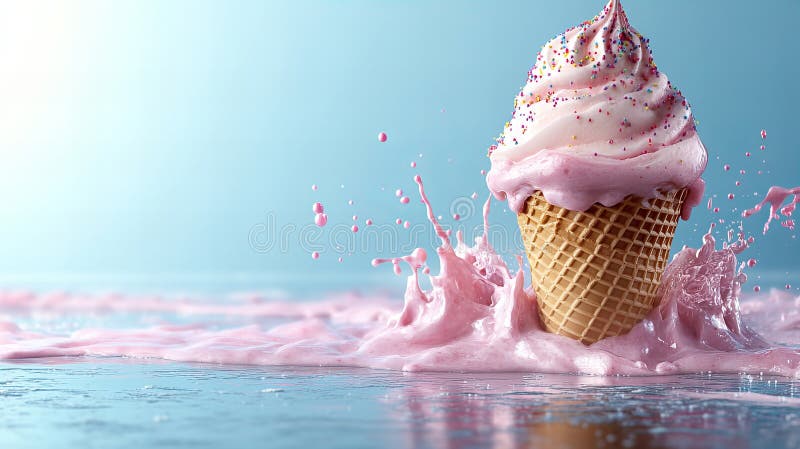 Melting Pink Ice Cream Cone with Sprinkles on Blue Background Stock ...