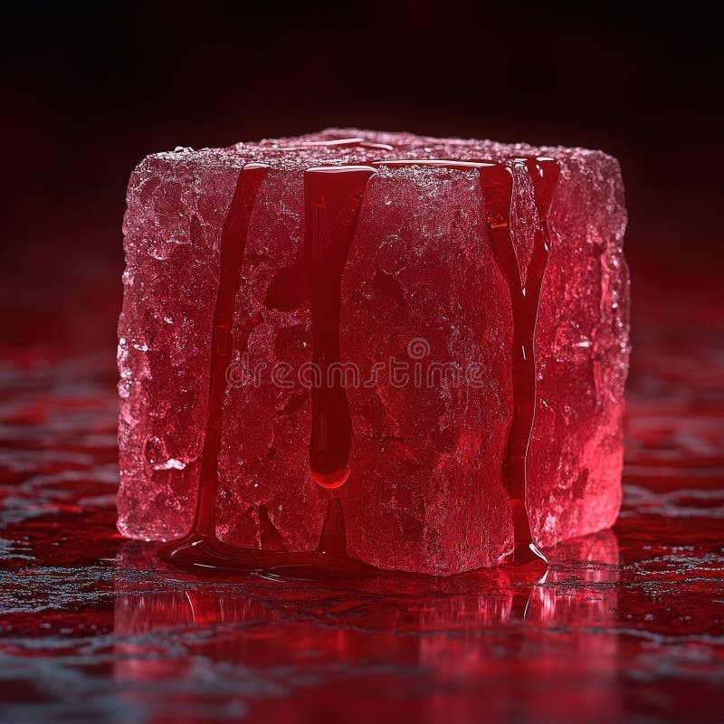 Melting Red Ice Cube with Dripping Liquid on Dark Surface Stock Image ...