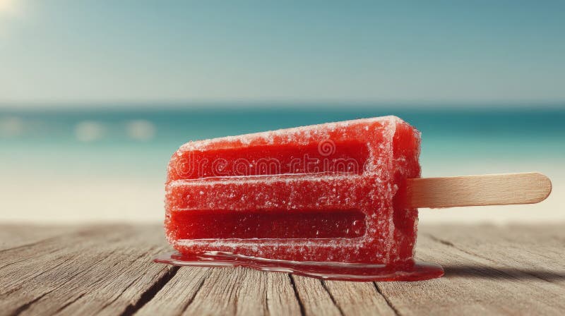 Melting Red Popsicle on a Beach Wooden Surface Stock Illustration ...