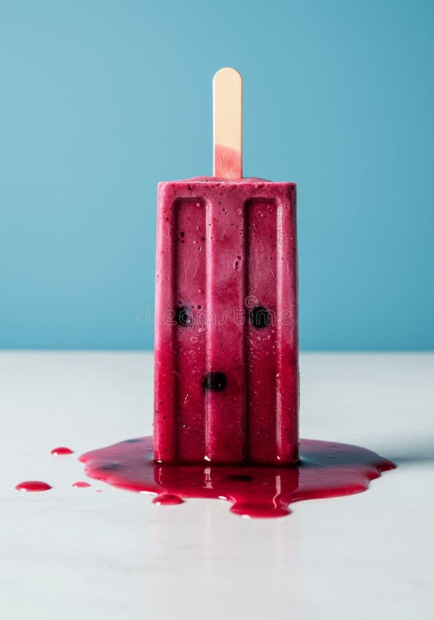 Melting Red and Purple Popsicle on White Table Against Blue Background ...