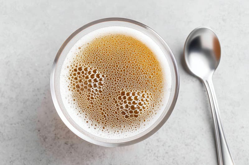 Melting Root Beer Float in Clear Glass Bowl with Spoon Resting beside ...