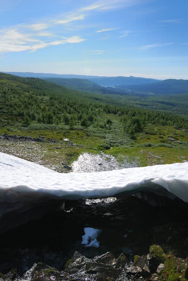 Melting Snowfield Against the Green Hills. Stock Photo - Image of ...