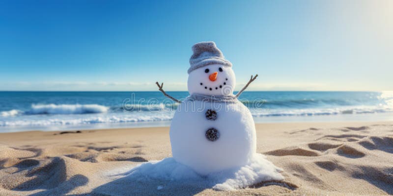 Melting Snowman on Beach with Patternd Hat and Scarp Next To High Waves ...