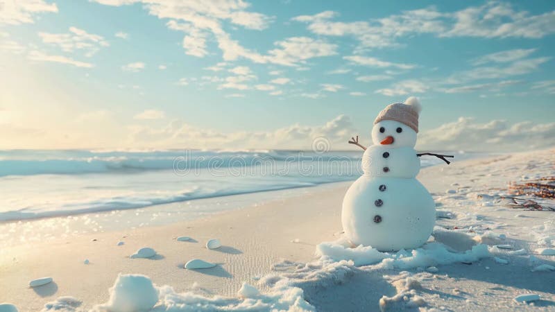 Melting Snowman Sinking into Sandy Beach, Sunlight Dissolving Icy ...