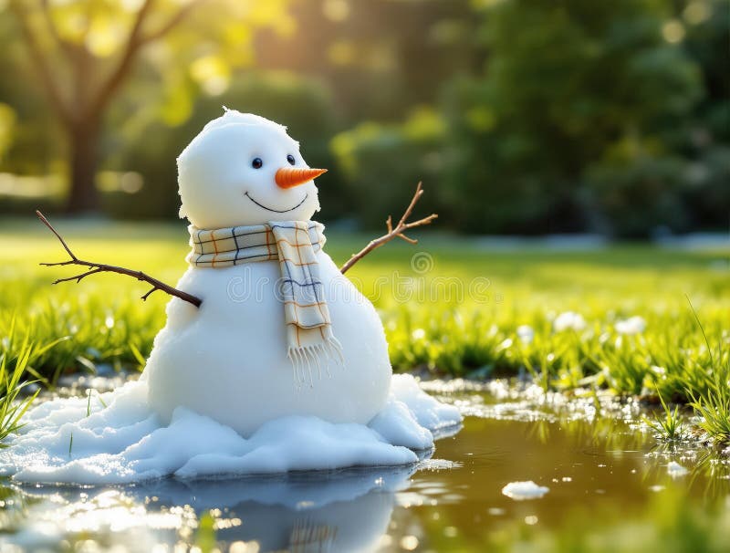 Melting Snowman in Spring Sunshine with Scarf Reflected in Puddle Stock ...