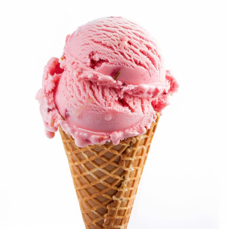 Melting Strawberry Ice Cream Scoop In Waffle Cone Isolated On Wh Stock