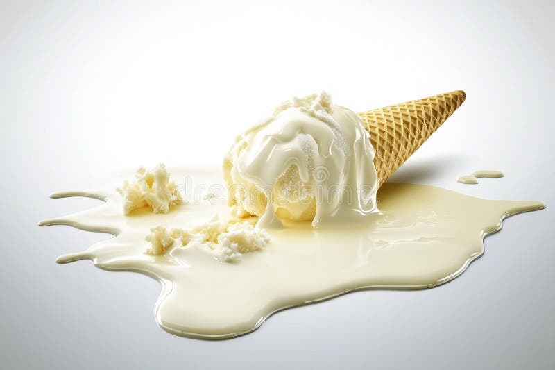 Melting Vanilla Ice Cream on Cone with Creamy Texture and Droplets on ...