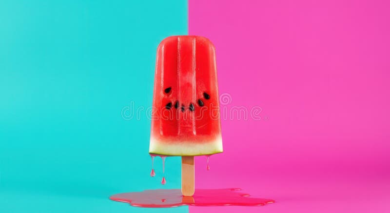 Melting Watermelon Popsicle on Vibrant Blue and Pink Background Stock ...