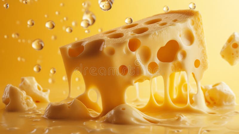 Melting Yellow Cheese with Droplets on Yellow Background Stock ...
