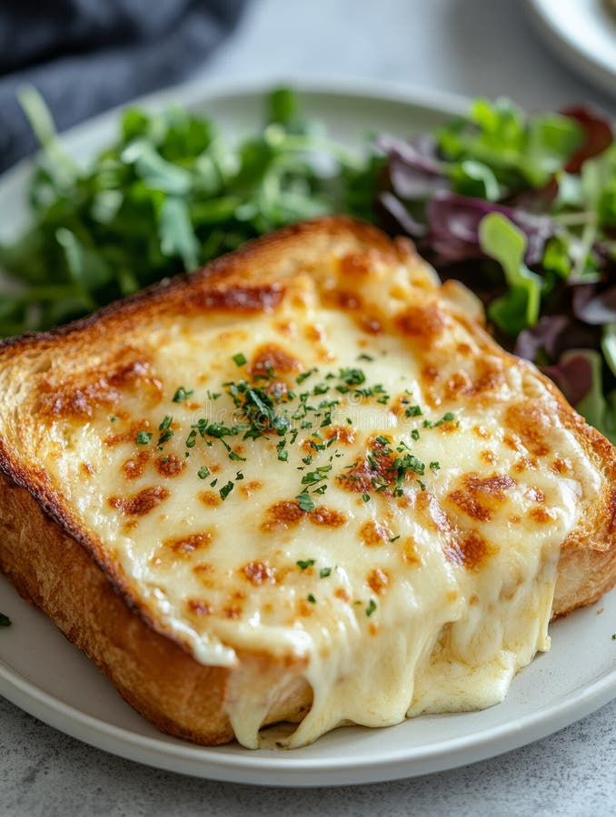 Melty Cheese Toast with Herbs and Greens on a Plate. Stock Photo ...