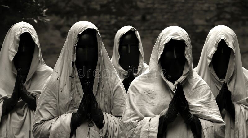 Members of a Cult Sect. Three Hooded Evil Figures Sit Around a Fire in ...