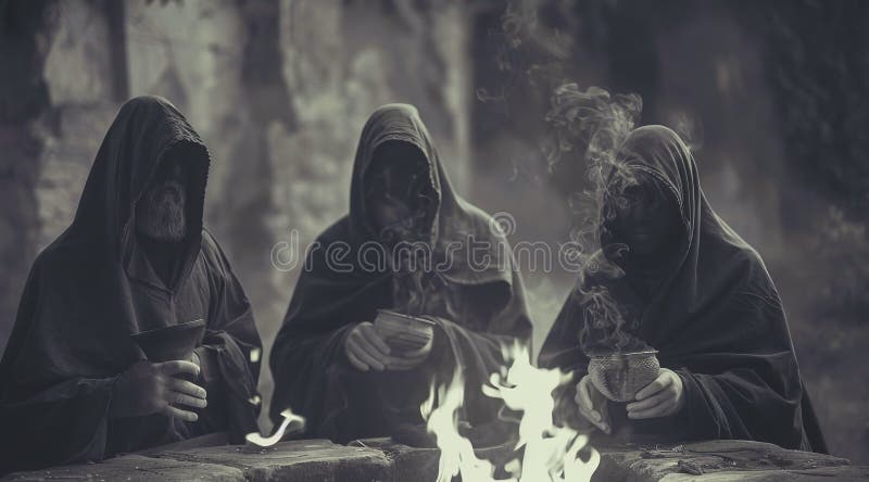 Members of a Cult Sect. Three Hooded Evil Figures Sit Around a Fire in ...
