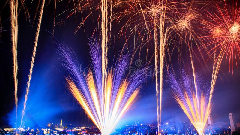 Memorial Bridge Bangkok Vibrant and Dynamic Fireworks Display Lighting ...