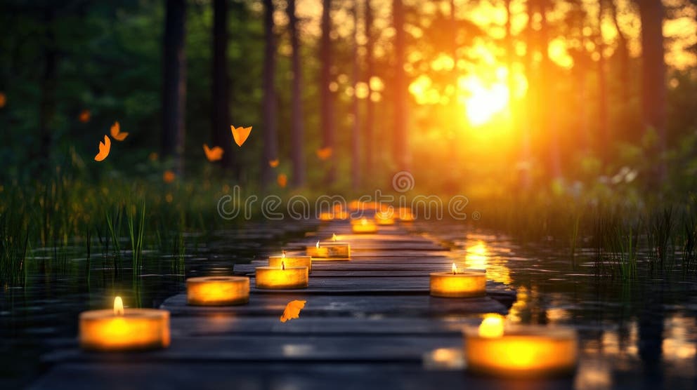 Memorial Candle Pathway at Sunset in Tranquil Forest Setting Stock ...