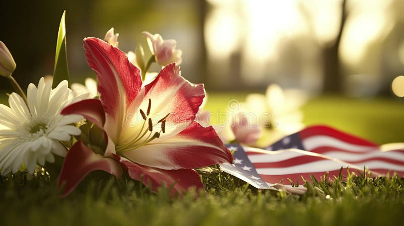 Memorial Day Flowers, Flag, Grass, Sunset, Remembrance Stock Photo ...