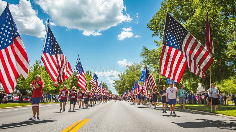 Memorial Day Parade with Flags and People in Patriotic Attire. Stock ...