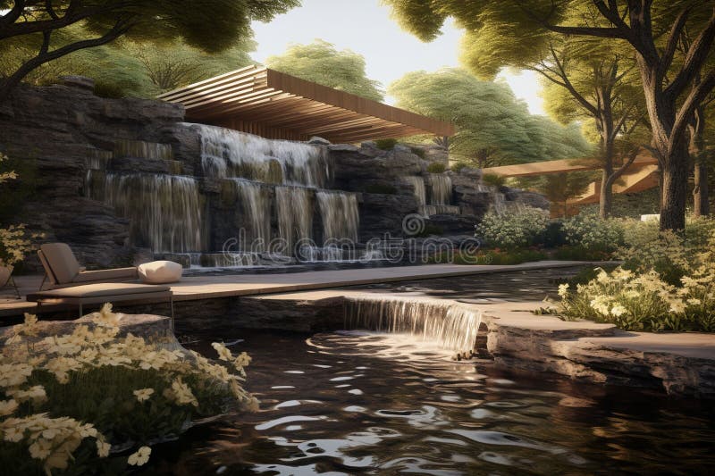 Memorial Garden with Cascading Waterfall a Stock Illustration ...