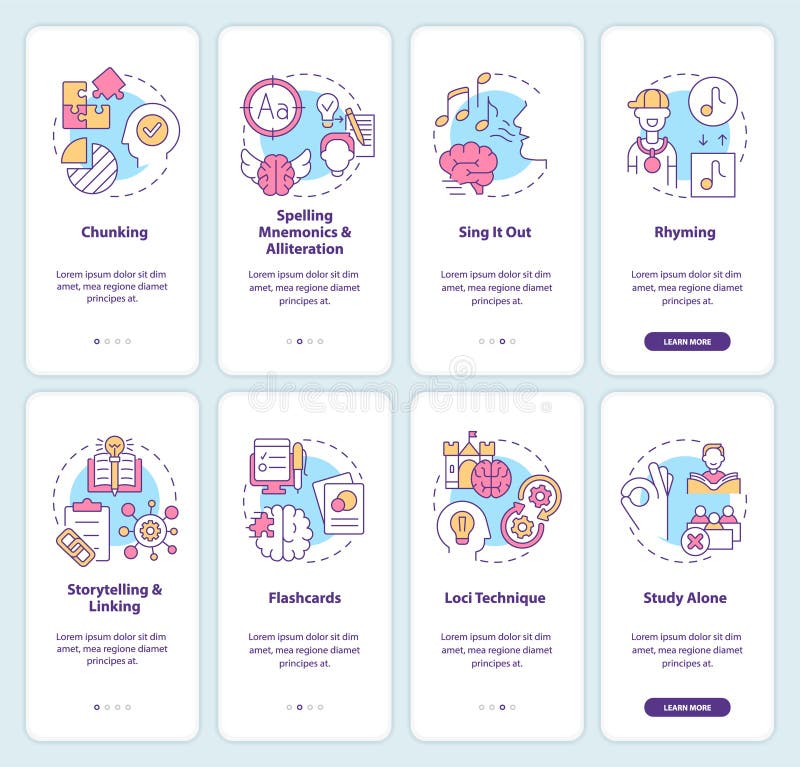 Memorizing Things Onboarding Mobile App Screen Set Stock Vector ...