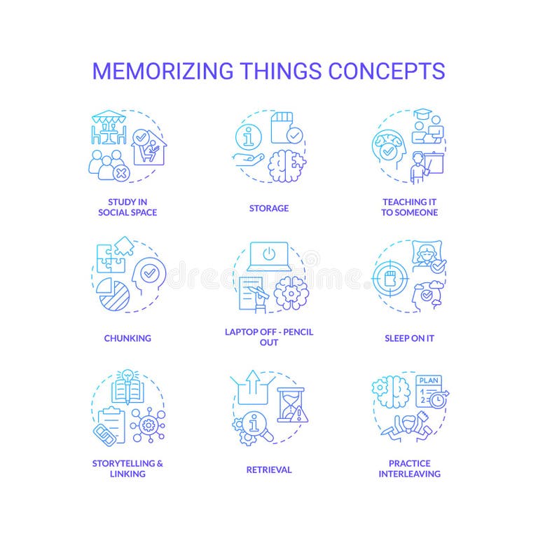 Memorizing Things Tricks Blue Gradient Concept Icons Set Stock Vector ...