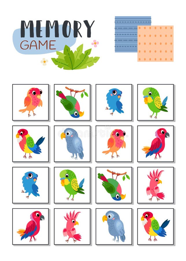 Memory Game with Cartoon Tropical Parrots. Vector Stock Vector ...
